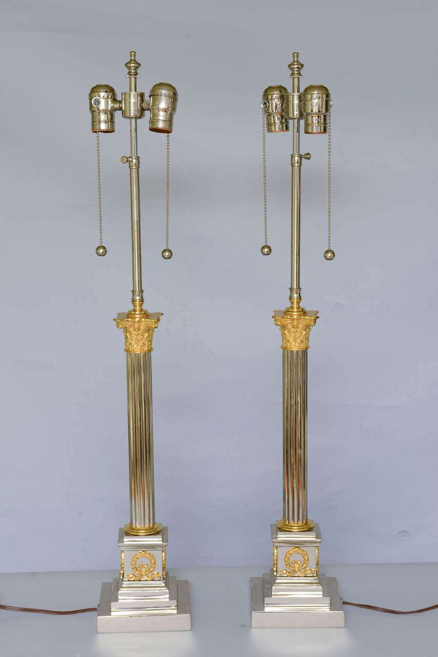 Fine Pair of Classical Column Lamps of Chrome and Brass at 1stDibs ...