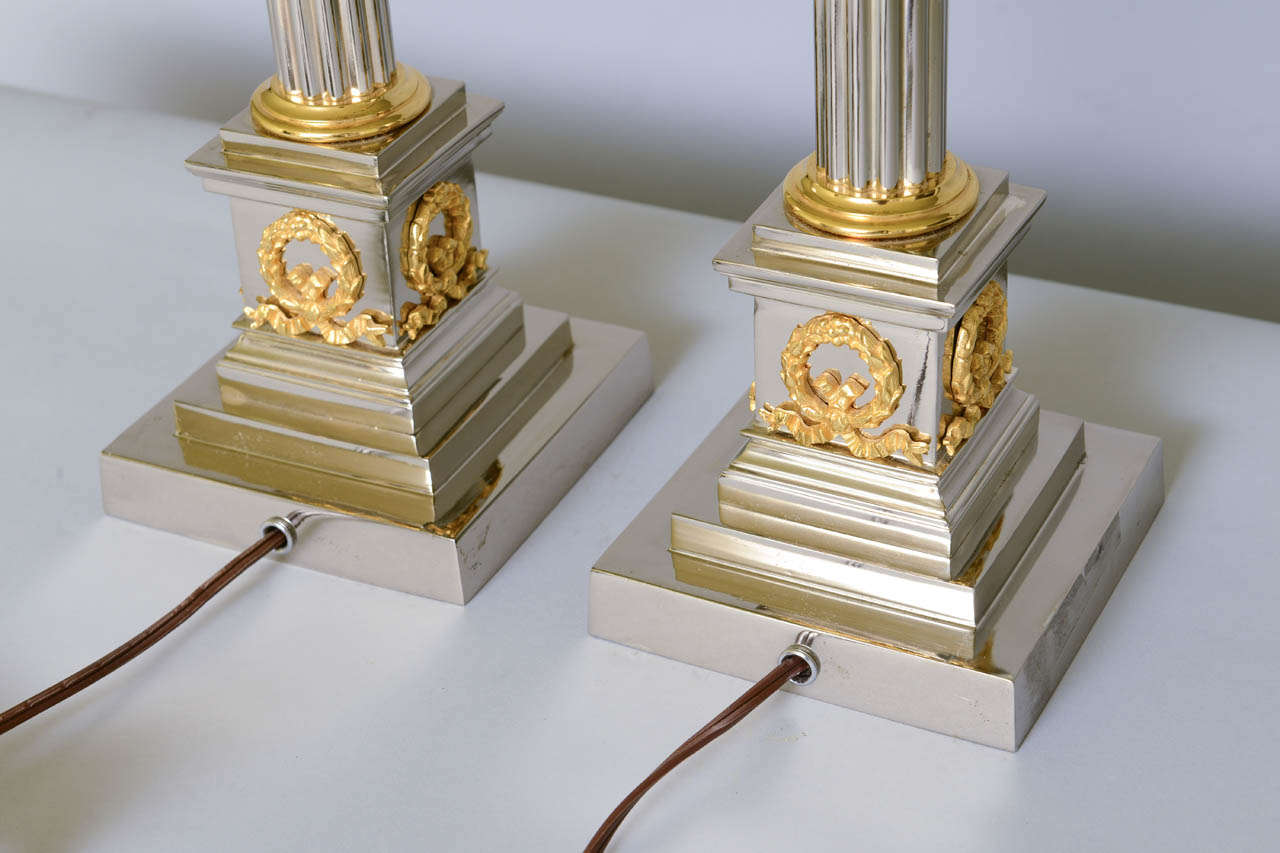Fine Pair of Classical Column Lamps of Chrome and Brass at 1stDibs ...