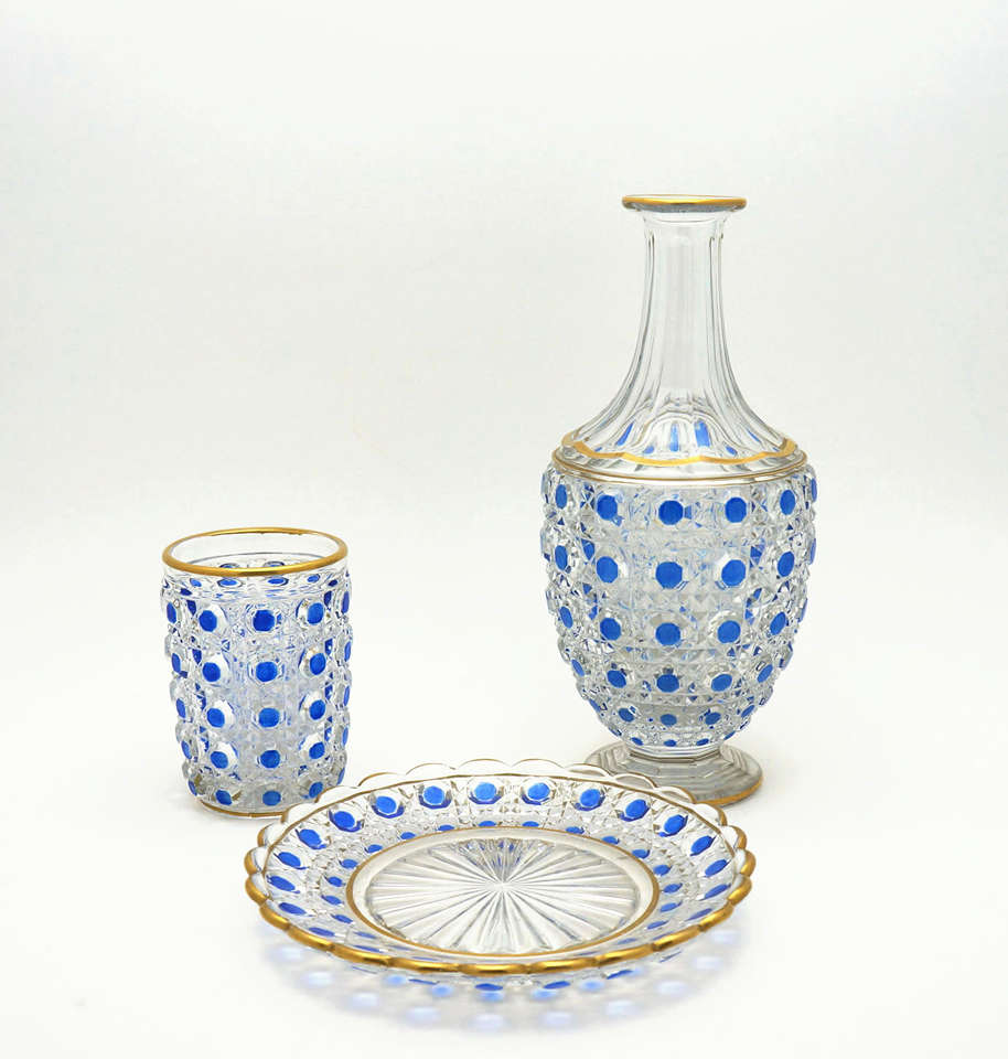 19th c. Signed Baccarat 3 Piece Crystal French Blue "Tumble-Up" at 1stDibs