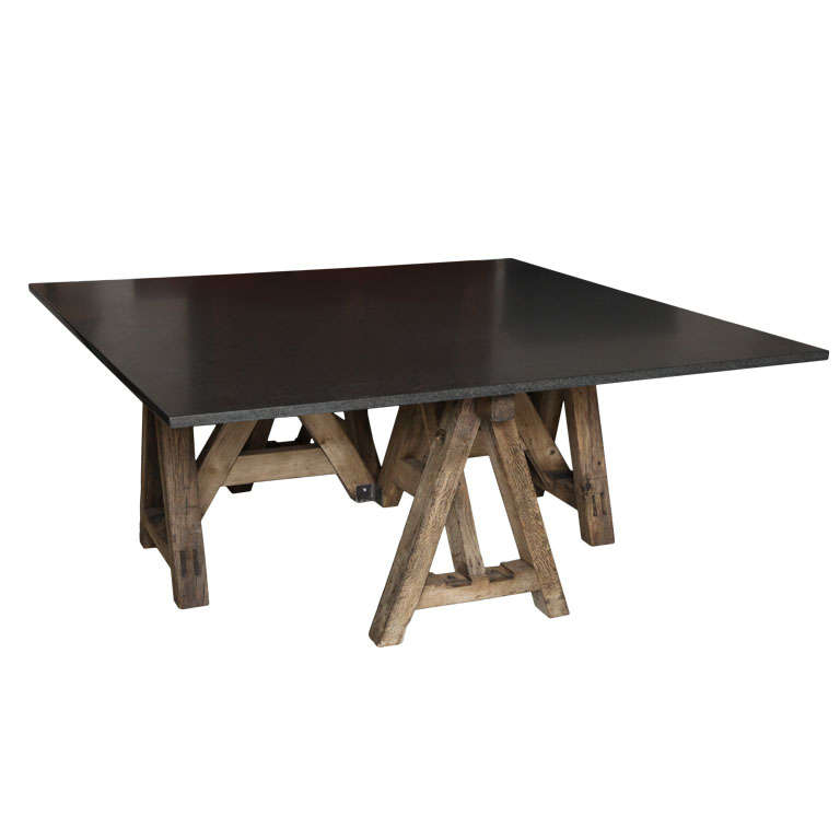 Contemporary Oak Base Table with Stone Top at 1stDibs