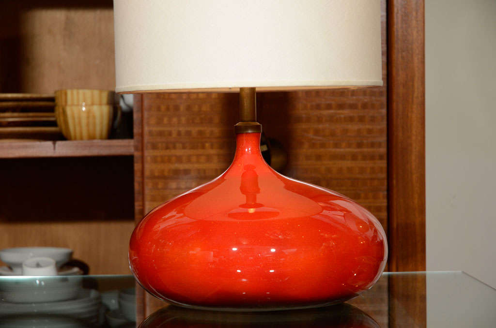 Pair of red ceramic lamps by Ruelland, French 1950s For Sale at 1stDibs