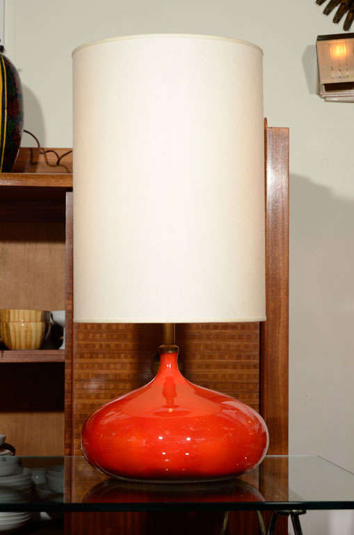 Pair of red ceramic lamps by Ruelland, French 1950s For Sale at 1stDibs
