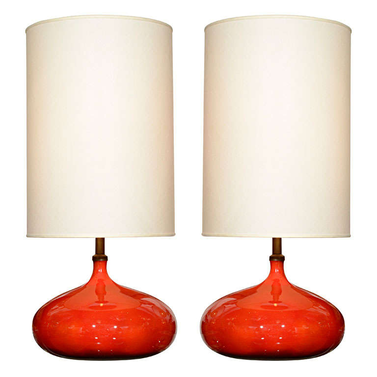 Pair of red ceramic lamps by Ruelland, French 1950s For Sale at 1stDibs