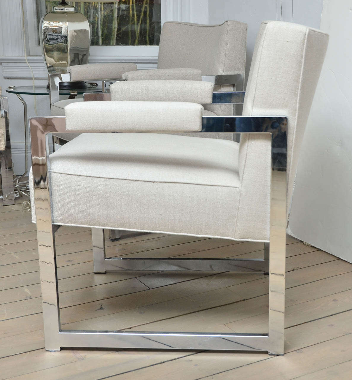 Pair of Chrome Frame Linen Upholstered Chairs For Sale at 1stDibs