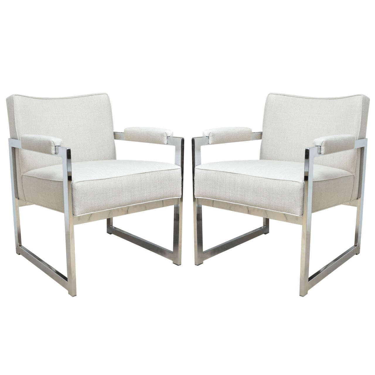 Pair of Chrome Frame Linen Upholstered Chairs For Sale at 1stDibs
