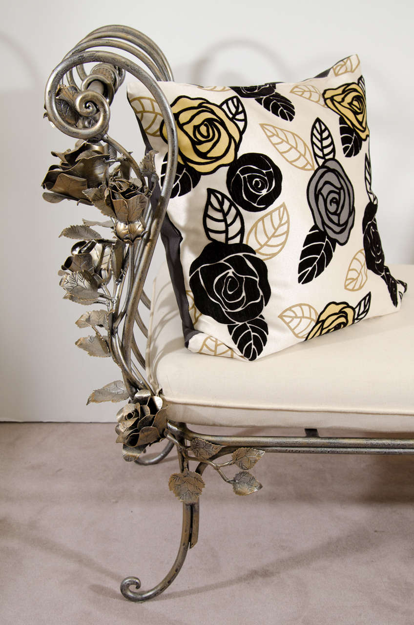 Vintage Hand Wrought Iron Bench with Scroll Arms and Rose Detail For ...