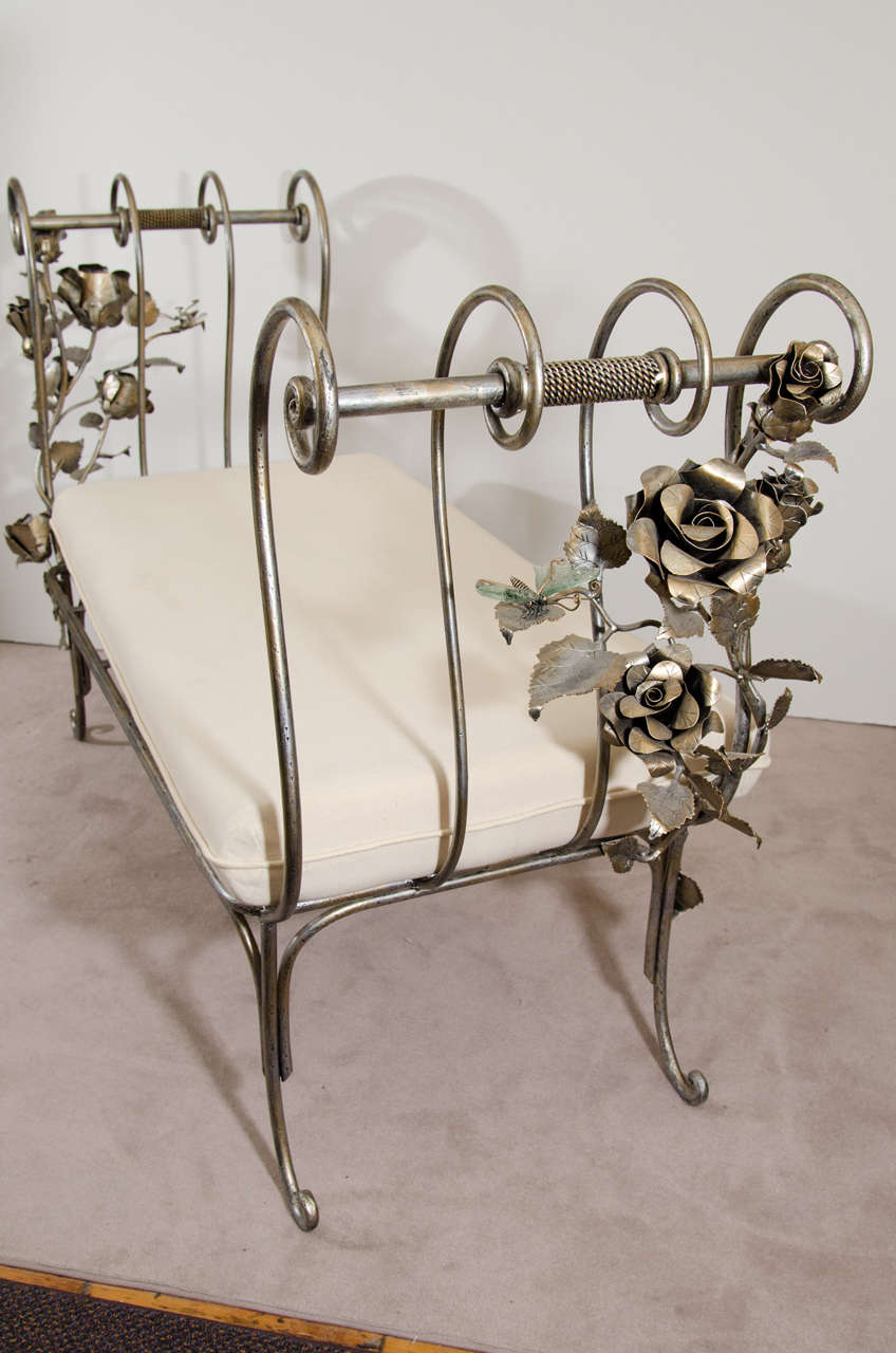 Vintage Hand Wrought Iron Bench with Scroll Arms and Rose Detail For ...