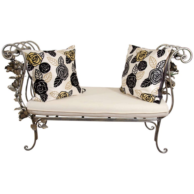 Vintage Hand Wrought Iron Bench with Scroll Arms and Rose Detail For ...