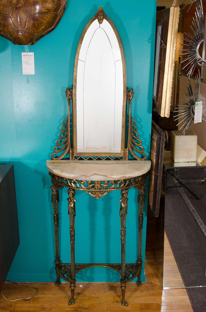 Oscar Bach Figural Console Table with Marble Top and Mirror at 1stDibs