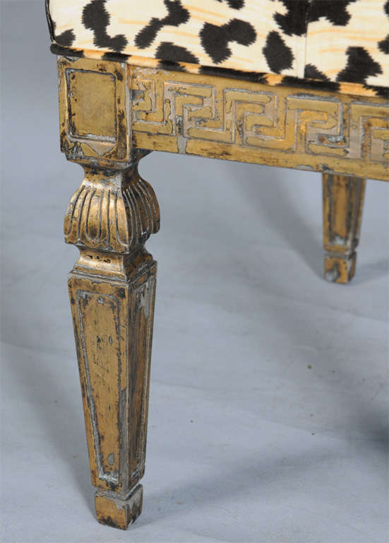 Pair of Gilt Benches with Greek Key Apron and Leopard Print Tufted ...