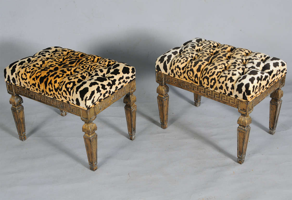Pair of Gilt Benches with Greek Key Apron and Leopard Print Tufted ...