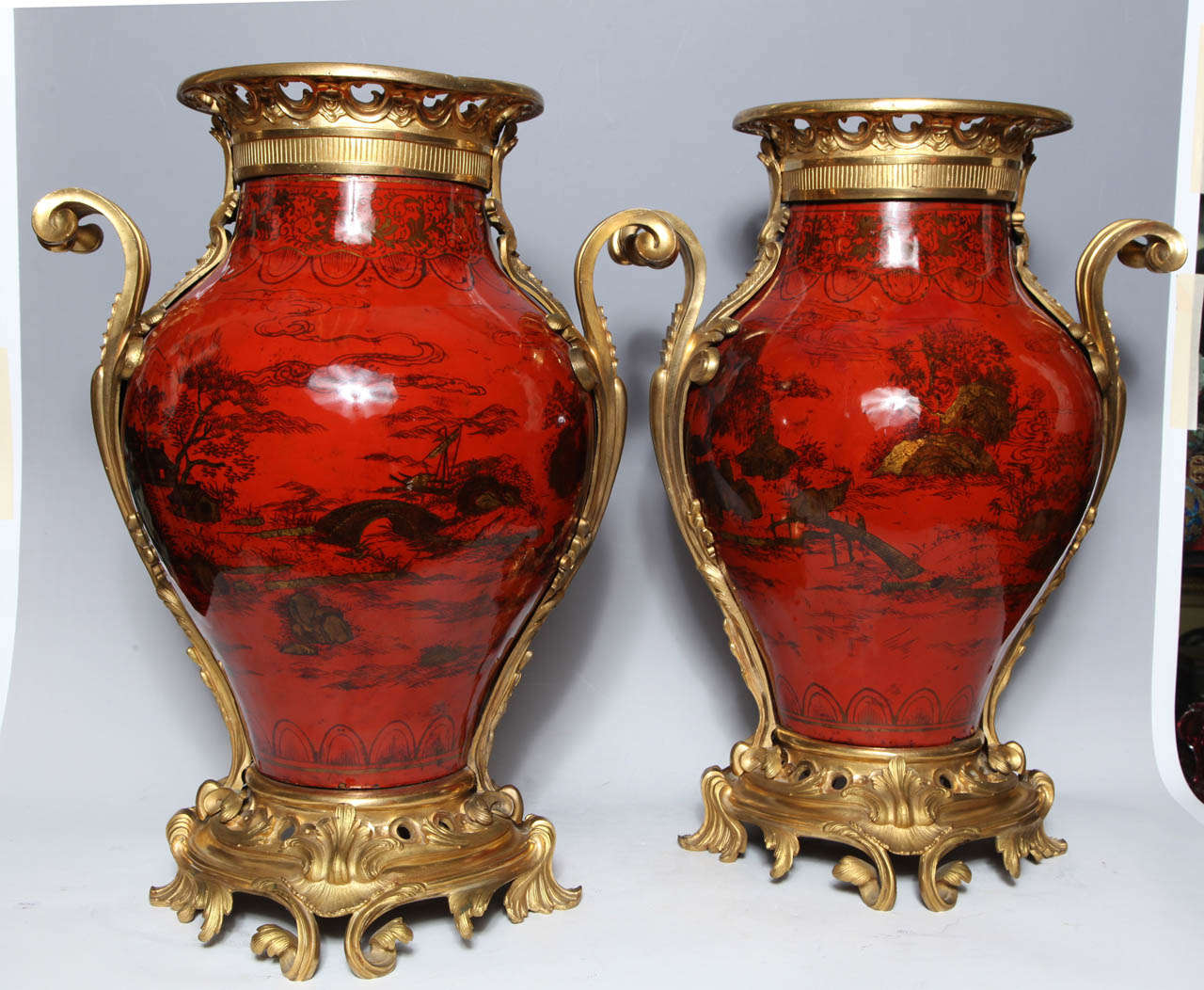 Large Pair of French Red Lacquer, Chinoiserie Decorated and Ormolu ...