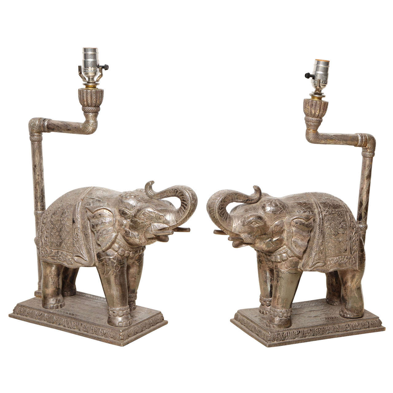 Pair of White Faience Elephant Shaped Table Lamps For Sale at 1stDibs