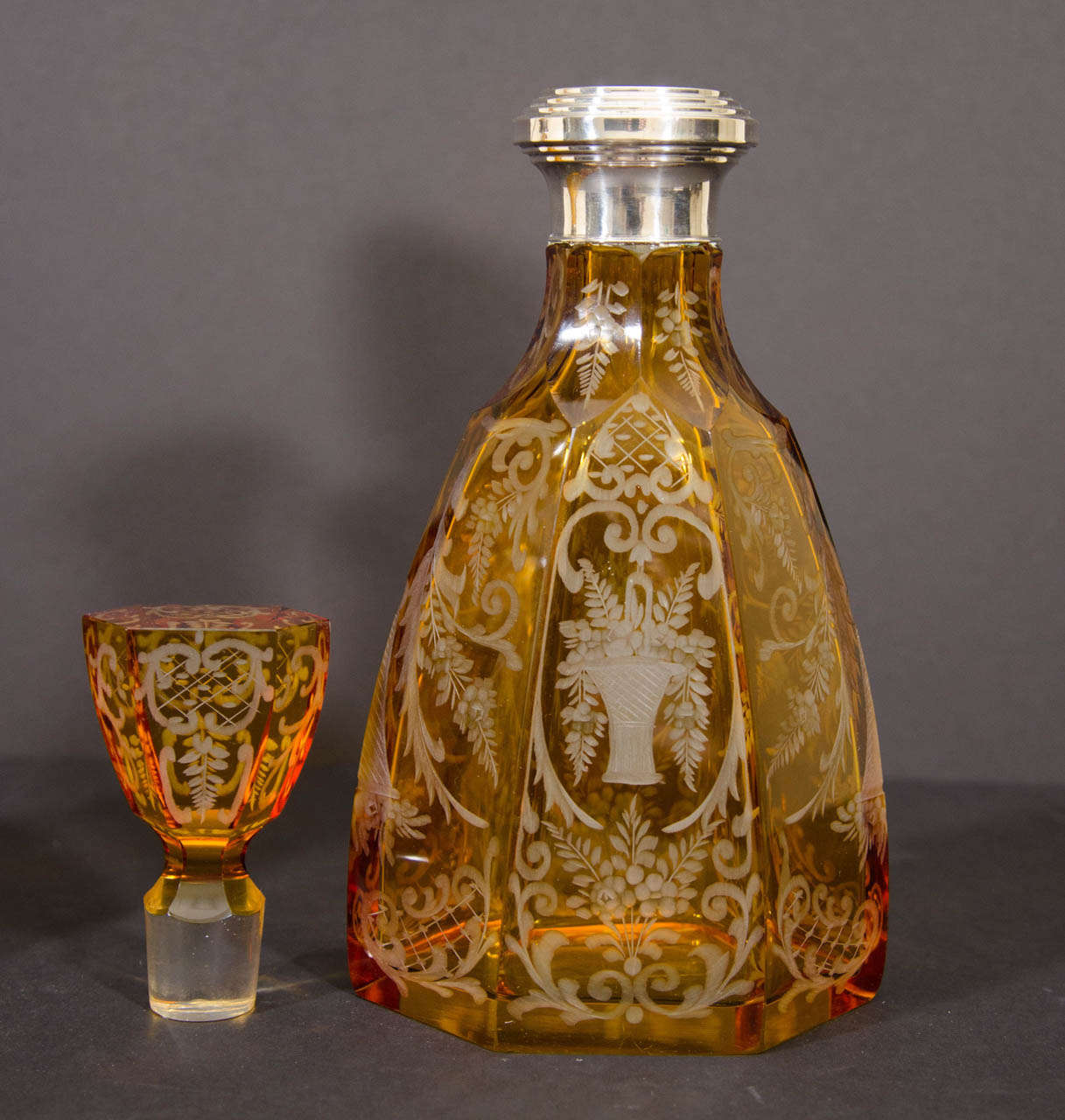 Etched Amber Crystal Bohemian Decanters For Sale at 1stDibs