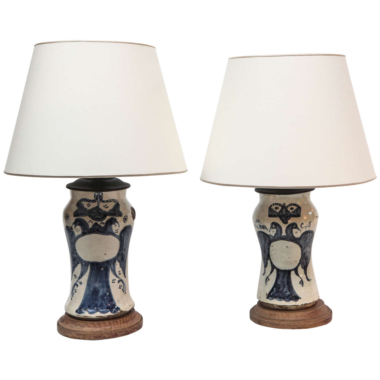 A rare pair of Mexican Talavera Albarello jars, mounted as lamps at 1stDibs