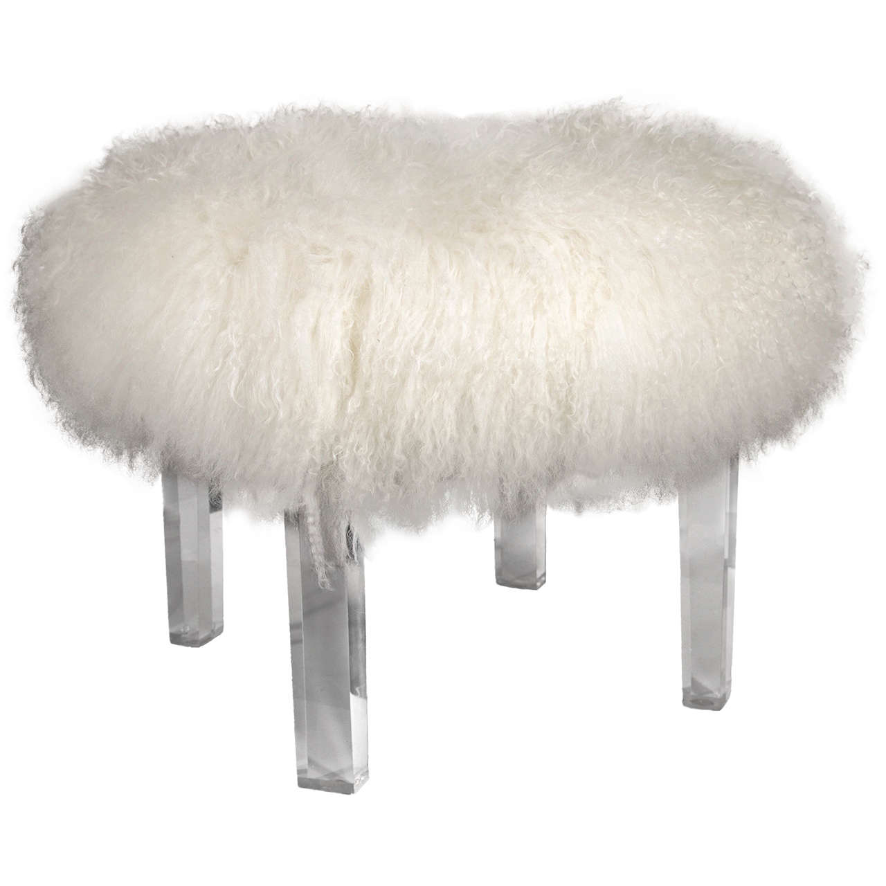 Tibetan Lamb's Wool Ottoman with Lucite Legs For Sale at 1stDibs