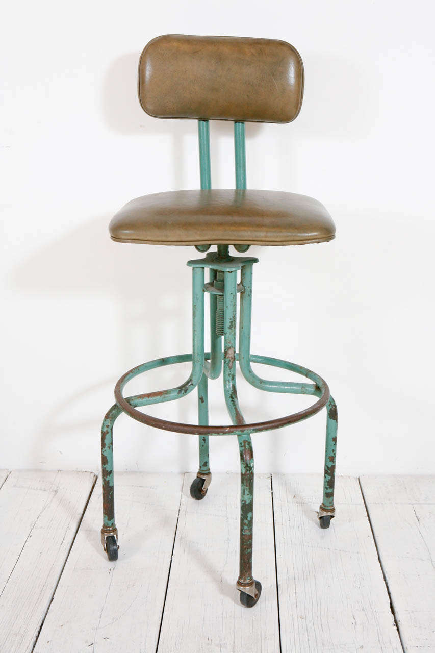 Vintage Green Workshop Stool with Nailhead Leather Seat and Wheels at ...