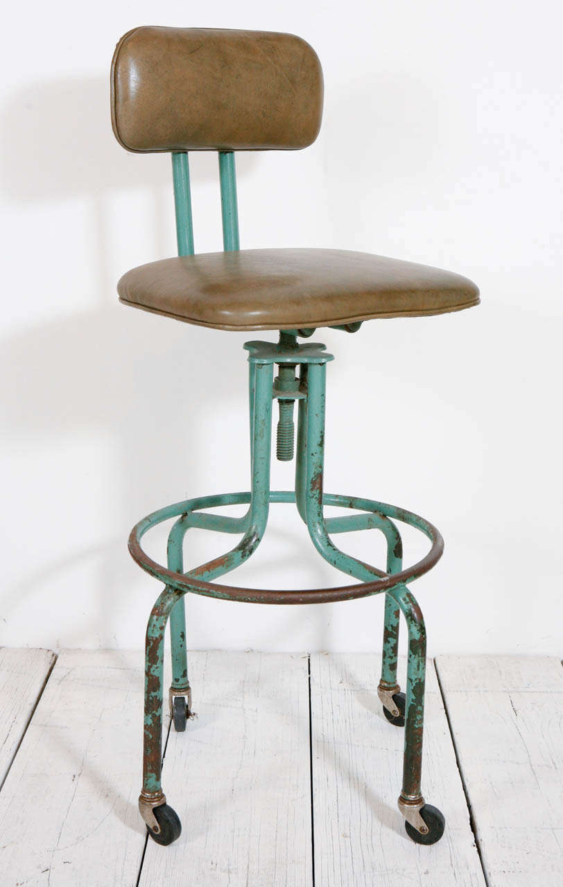 Vintage Green Workshop Stool with Nailhead Leather Seat and Wheels at ...