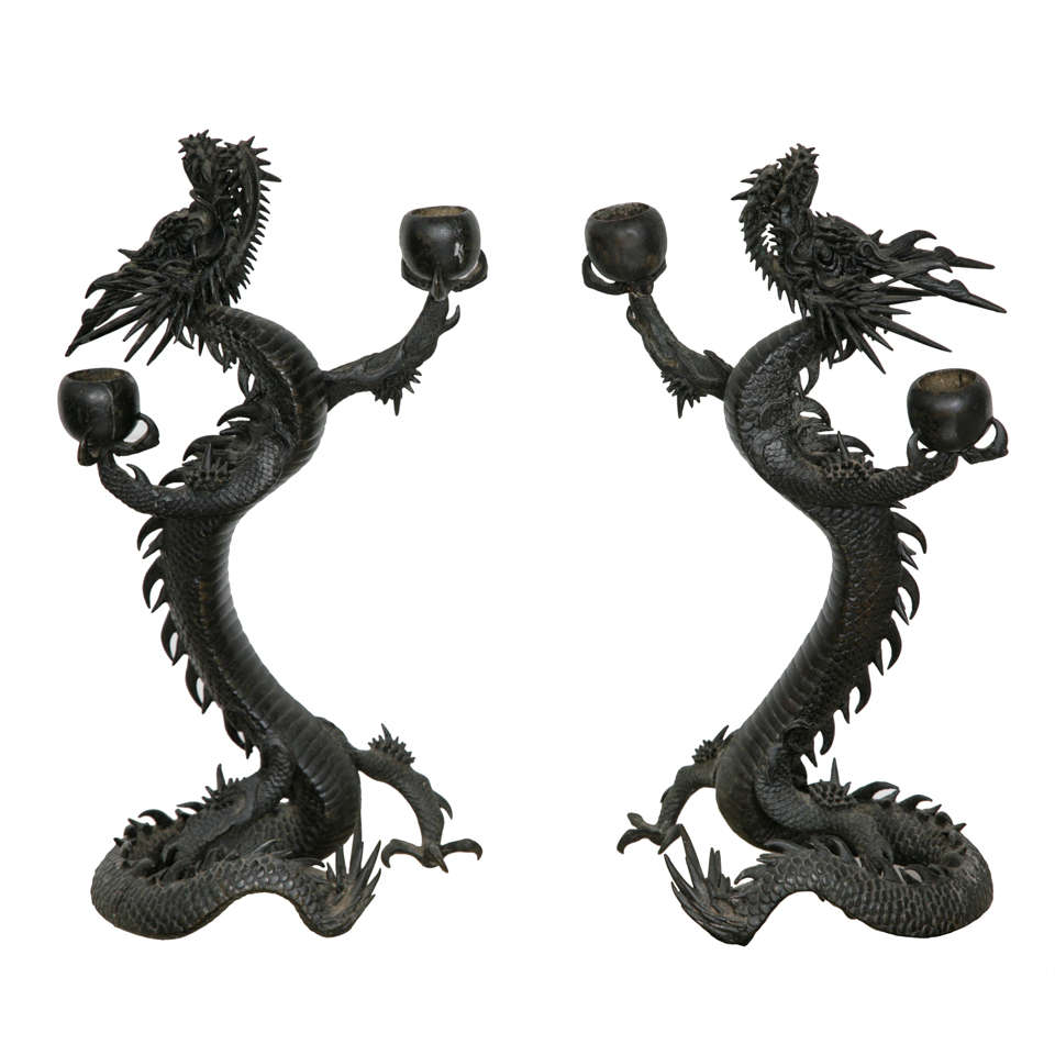 A Pair of Japanese Dragon Candle Sticks, in Bronze Maiji Period at 1stDibs
