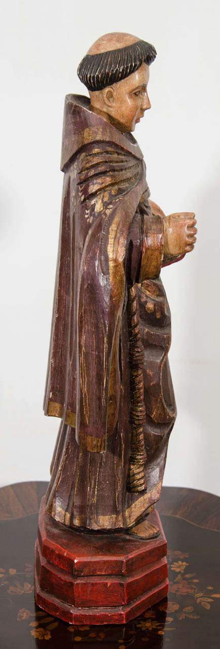 Antique Polychrome Carved Wood Monk Saint For Sale at 1stDibs