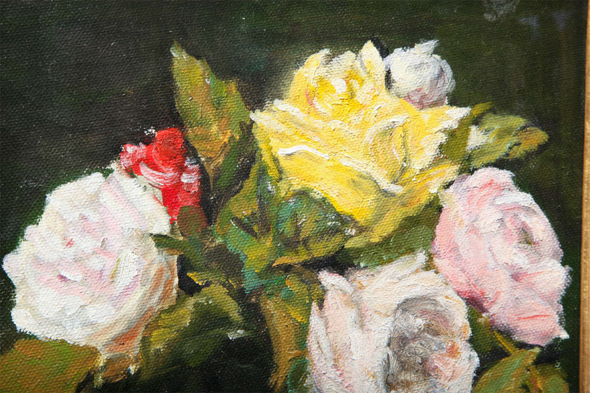 Still Life "Yellow and Pink roses in a glass vase" For Sale at 1stDibs