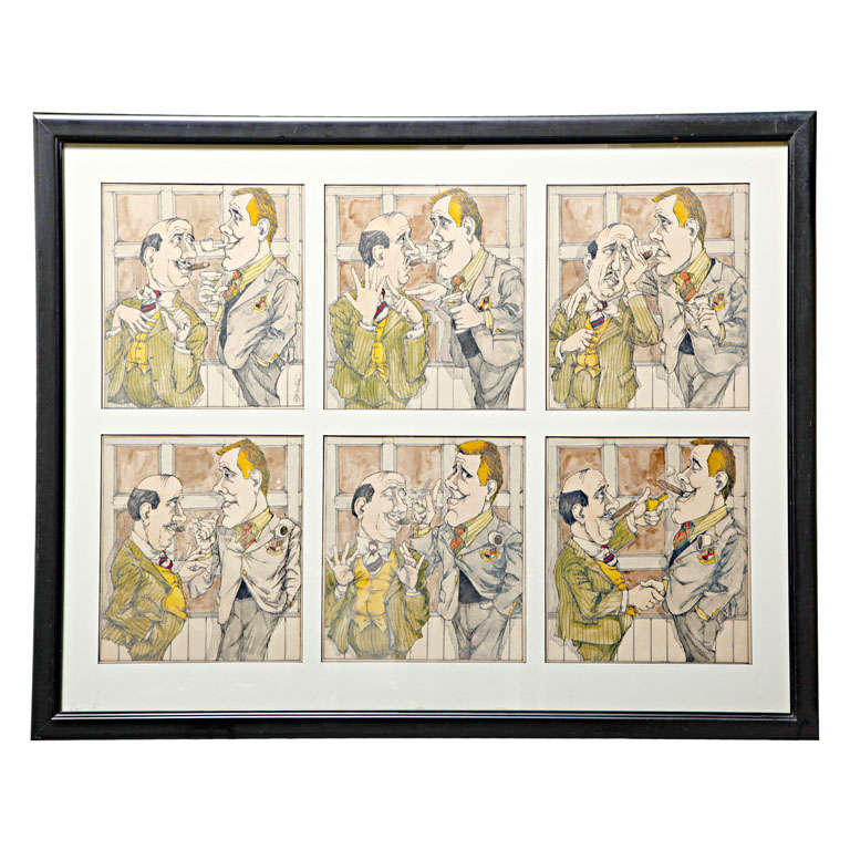 Six Watercolor Paintings of Cigar Smokers by Gersten For Sale at 1stDibs
