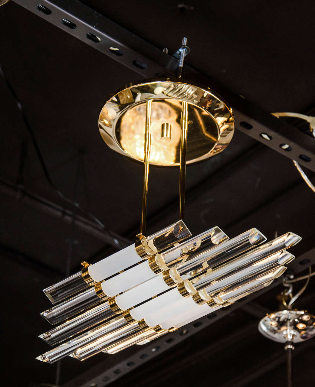 Modernist Skyscraper Style Frosted Glass Rod Chandelier with Brass ...