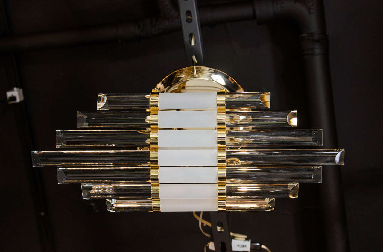 Modernist Skyscraper Style Frosted Glass Rod Chandelier with Brass ...