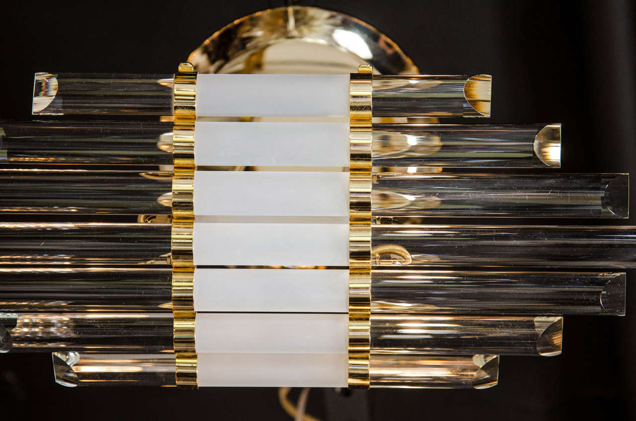 Modernist Skyscraper Style Frosted Glass Rod Chandelier with Brass ...