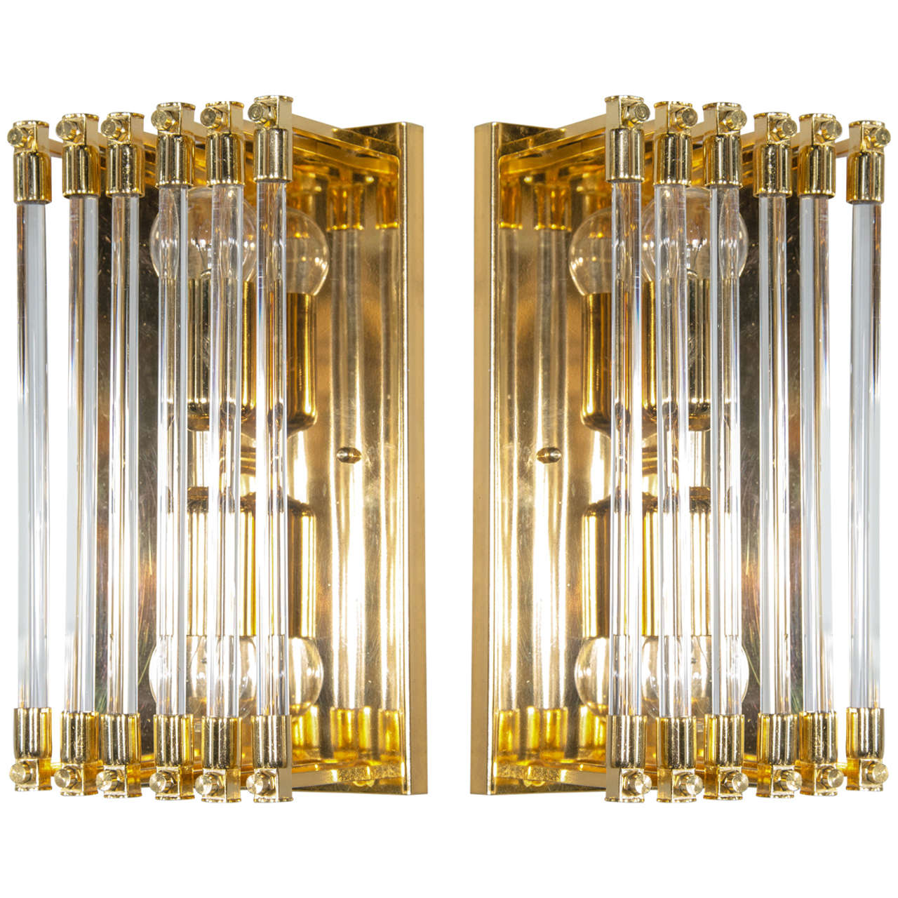 Pair of Custom Large Glass Rod Sconces with Brass Frame For Sale at 1stDibs