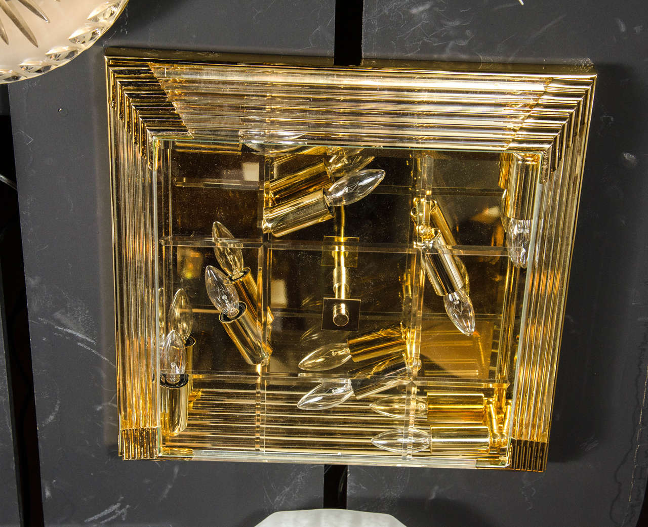 Mid-Century Modernist Brass and Glass Rod Square Flush Mount Chandelier ...