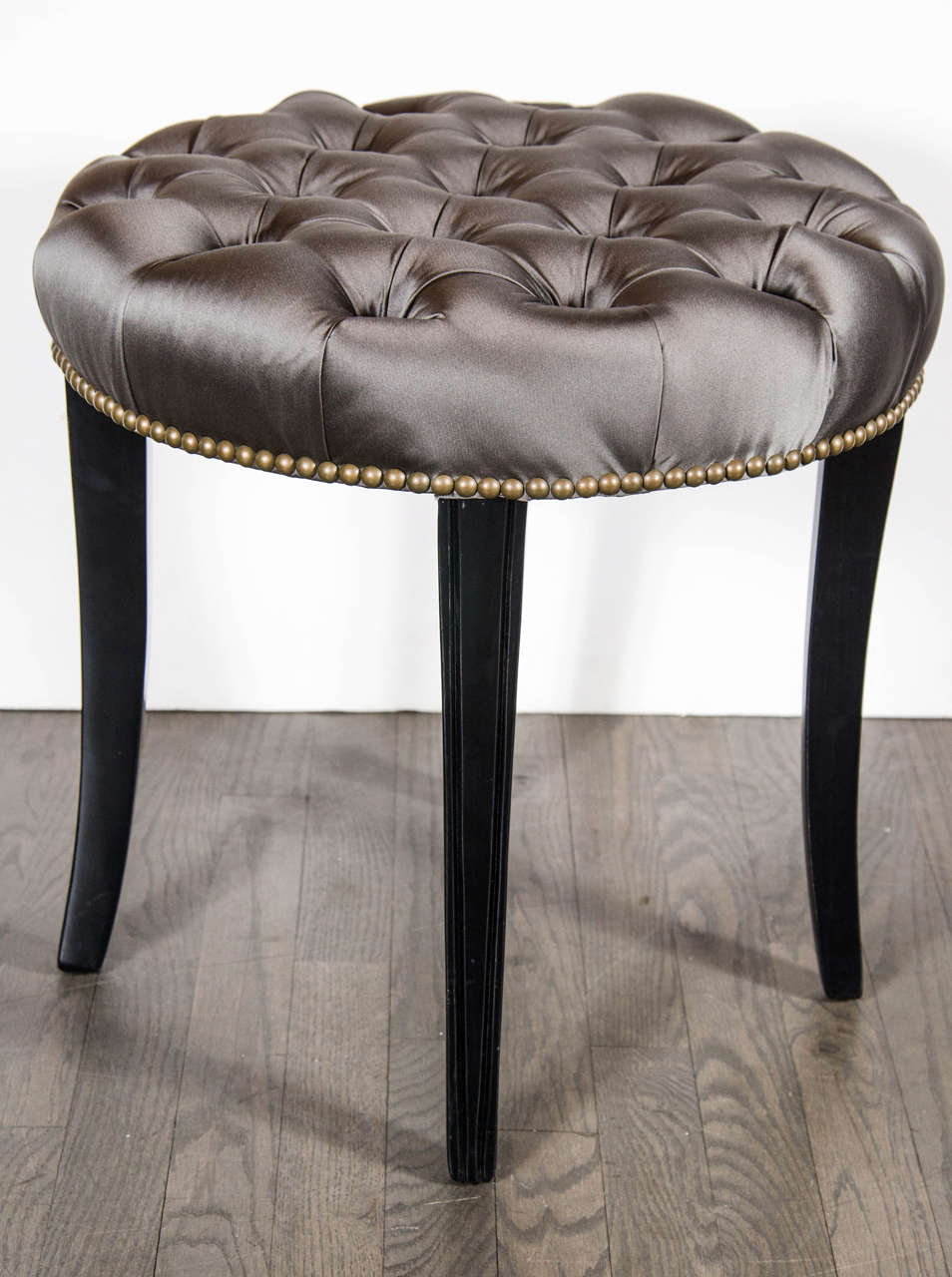 1940s Hollywood Style Tufted Stool in Platinum Silk and Sabre Leg at ...