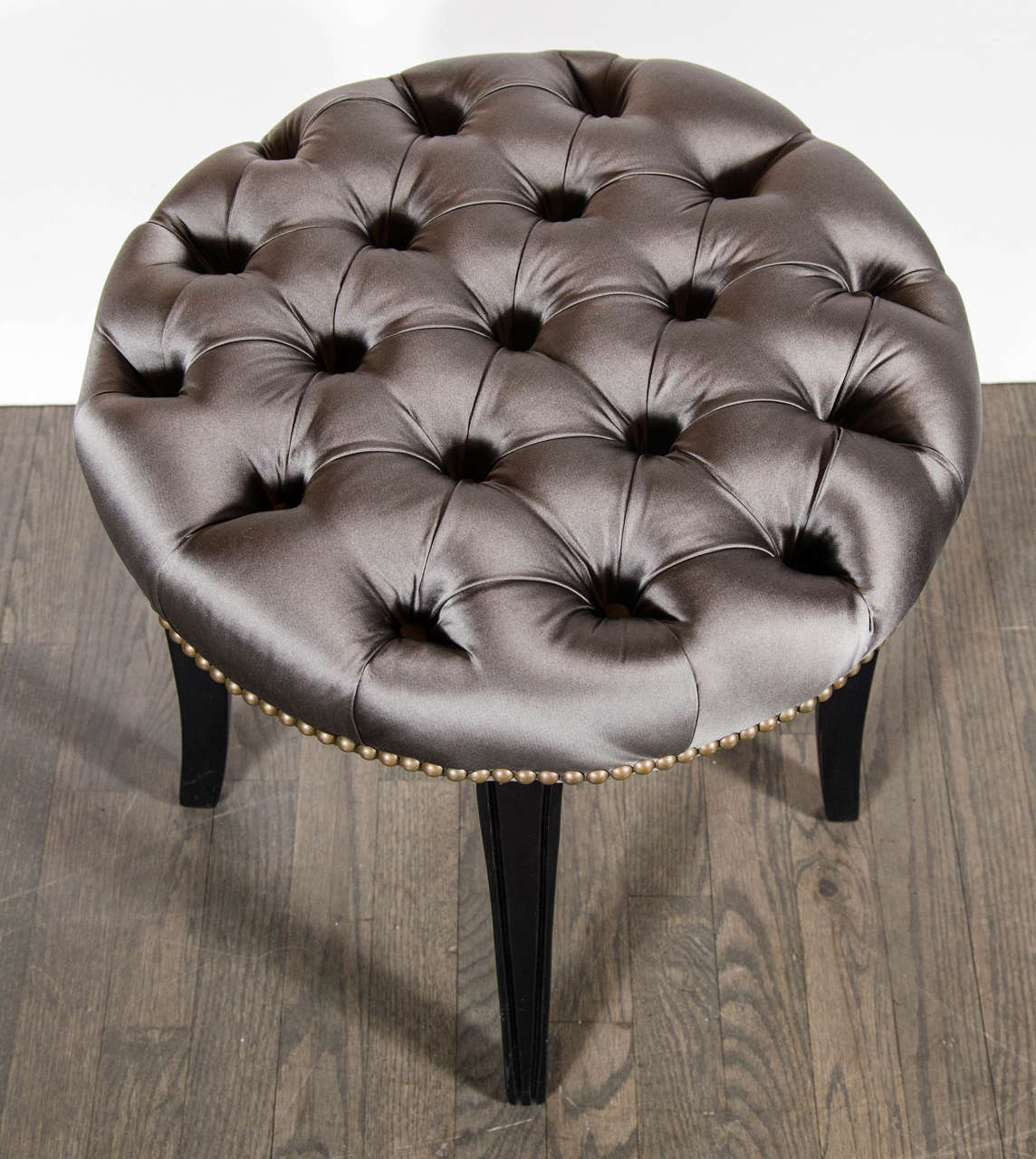 1940s Hollywood Style Tufted Stool in Platinum Silk and Sabre Leg at ...