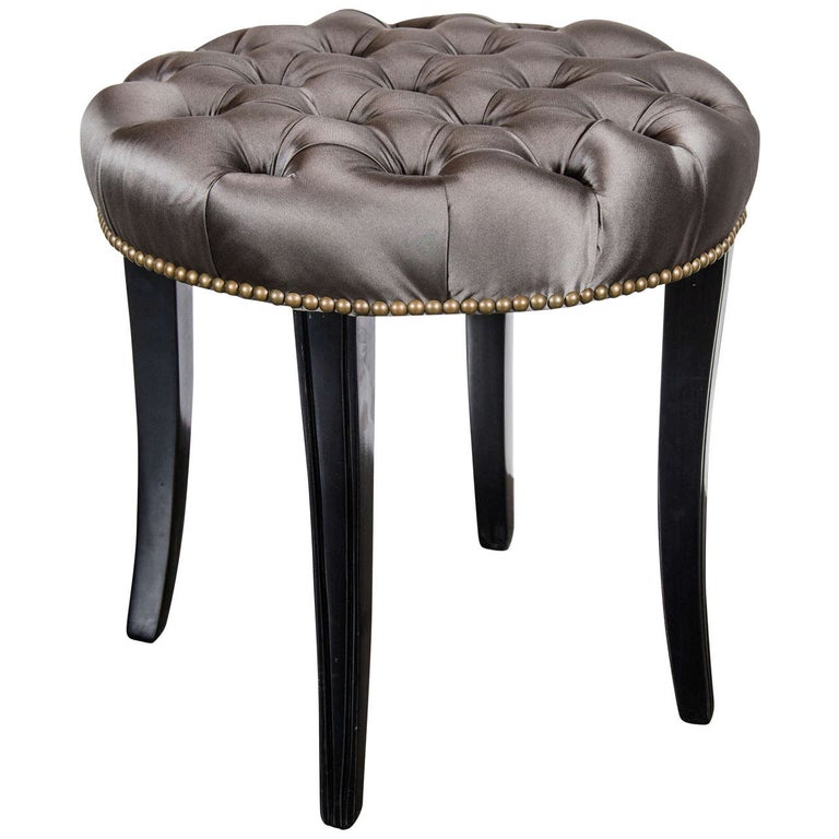 1940s Hollywood Style Tufted Stool in Platinum Silk and Sabre Leg at ...