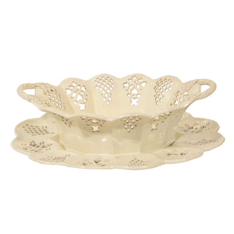An English 18th Century Pierced Antique Creamware Basket and Stand at ...