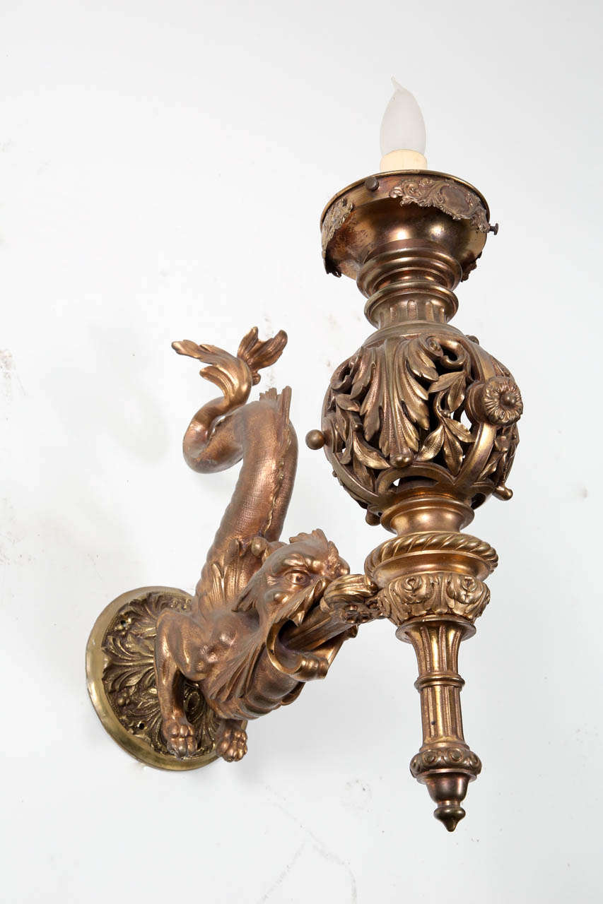 Pair of Solid Cast Bronze Victorian Dolphin Sconces For Sale at 1stDibs