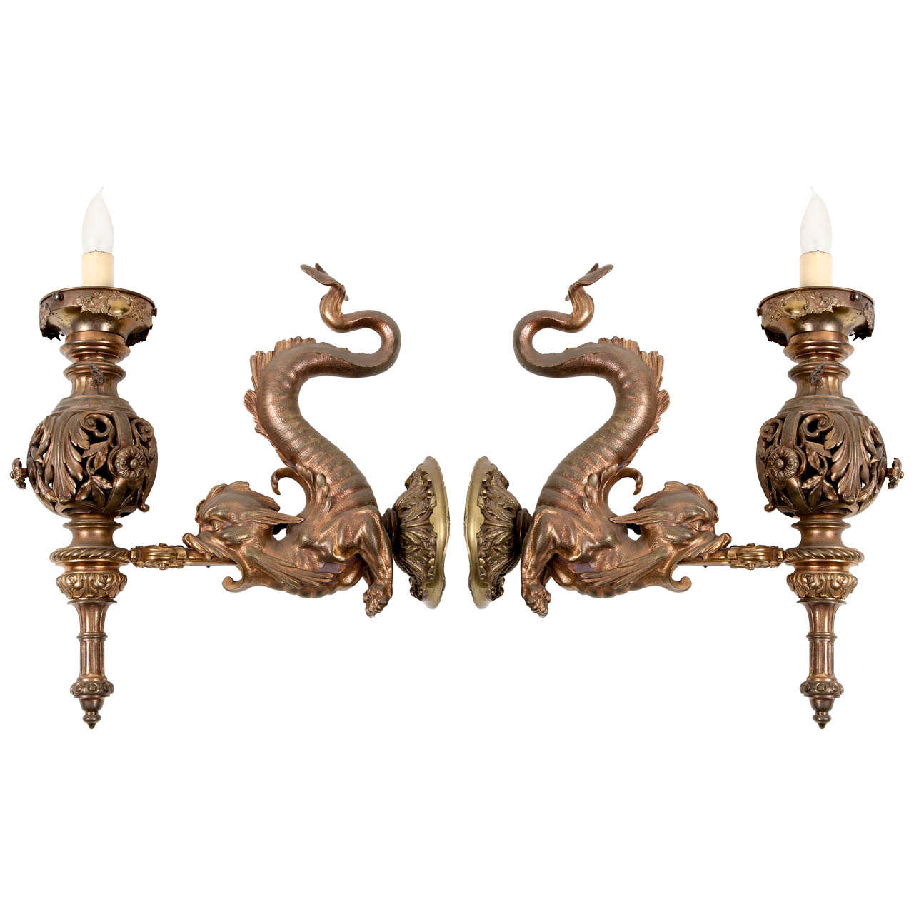 Pair of Solid Cast Bronze Victorian Dolphin Sconces For Sale at 1stDibs