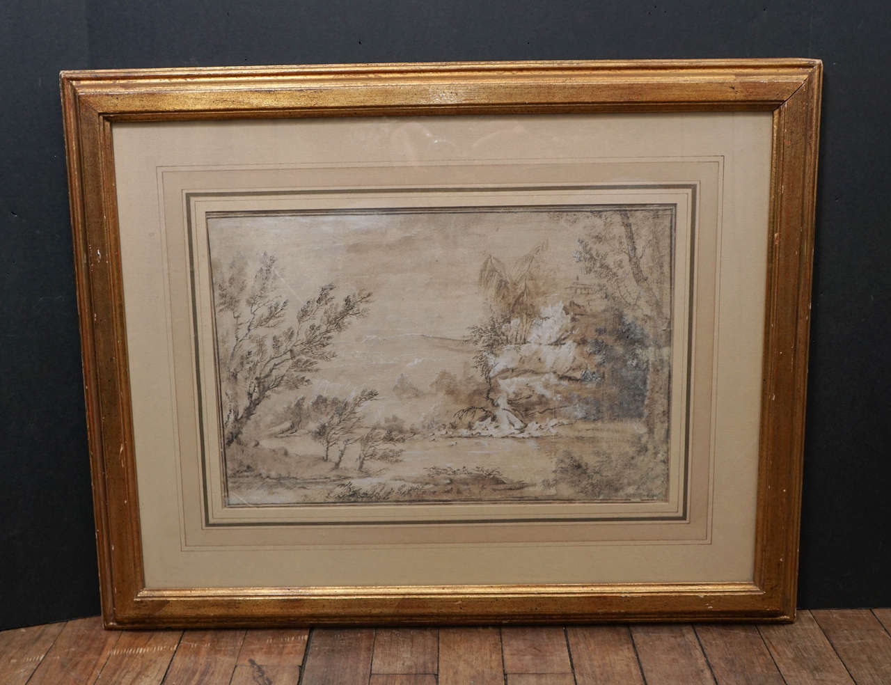 French 18th Century Pen and Ink with Gauche Landscape Drawing at 1stDibs