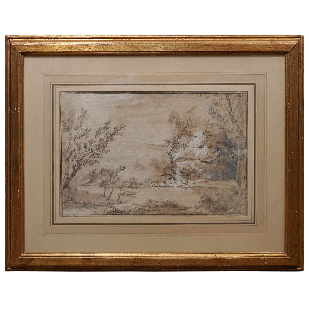 French 18th Century Pen and Ink with Gauche Landscape Drawing at 1stDibs