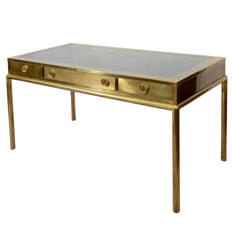 Mid Century Desk in Brass with Leather Surface Attributed to ...