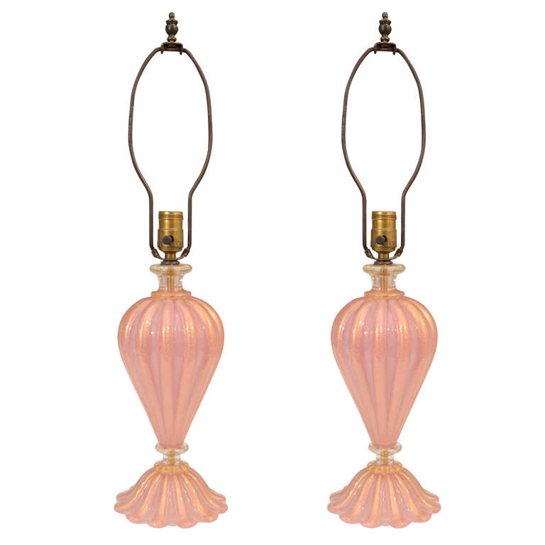 Pair of Mid Century Murano Glass Lamps in Pink and Gold at 1stDibs ...