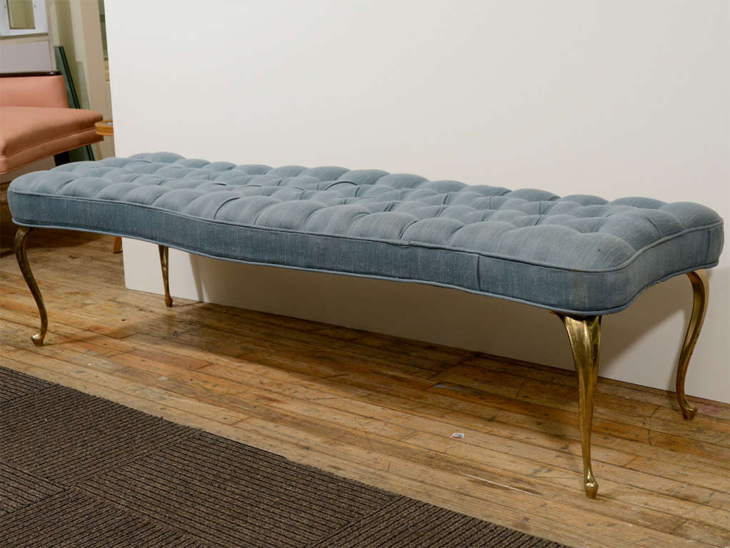 Mid Century Tufted Blue Bench with Brass Legs at 1stDibs | bench brass ...