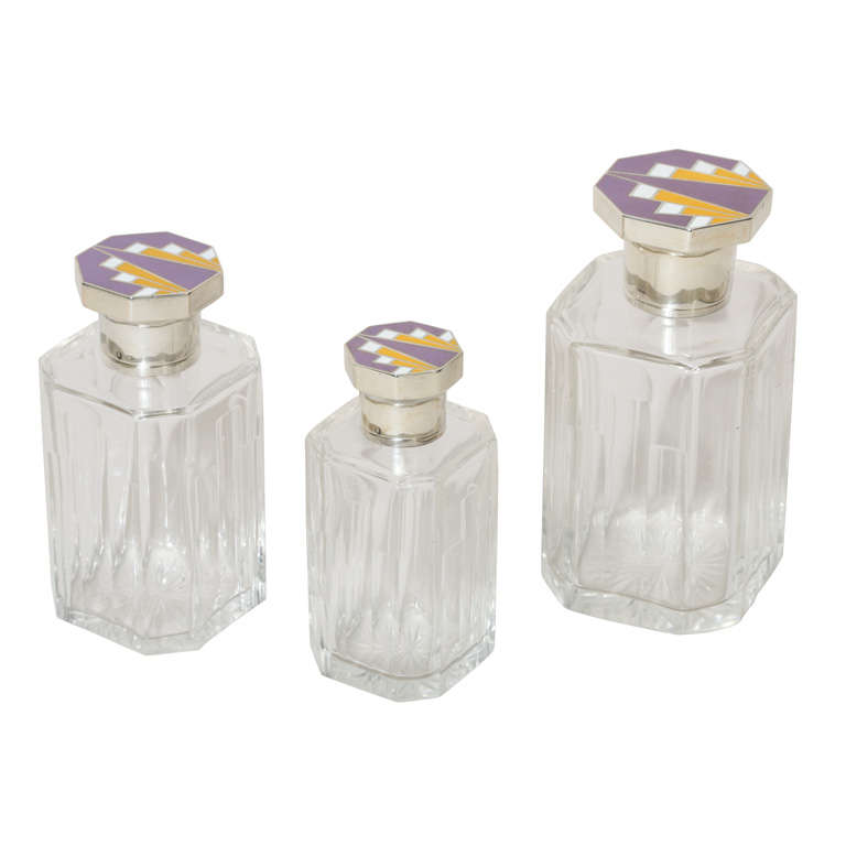 Louis Favre French Art Deco Set of Three Crystal and Silver Guilloche ...