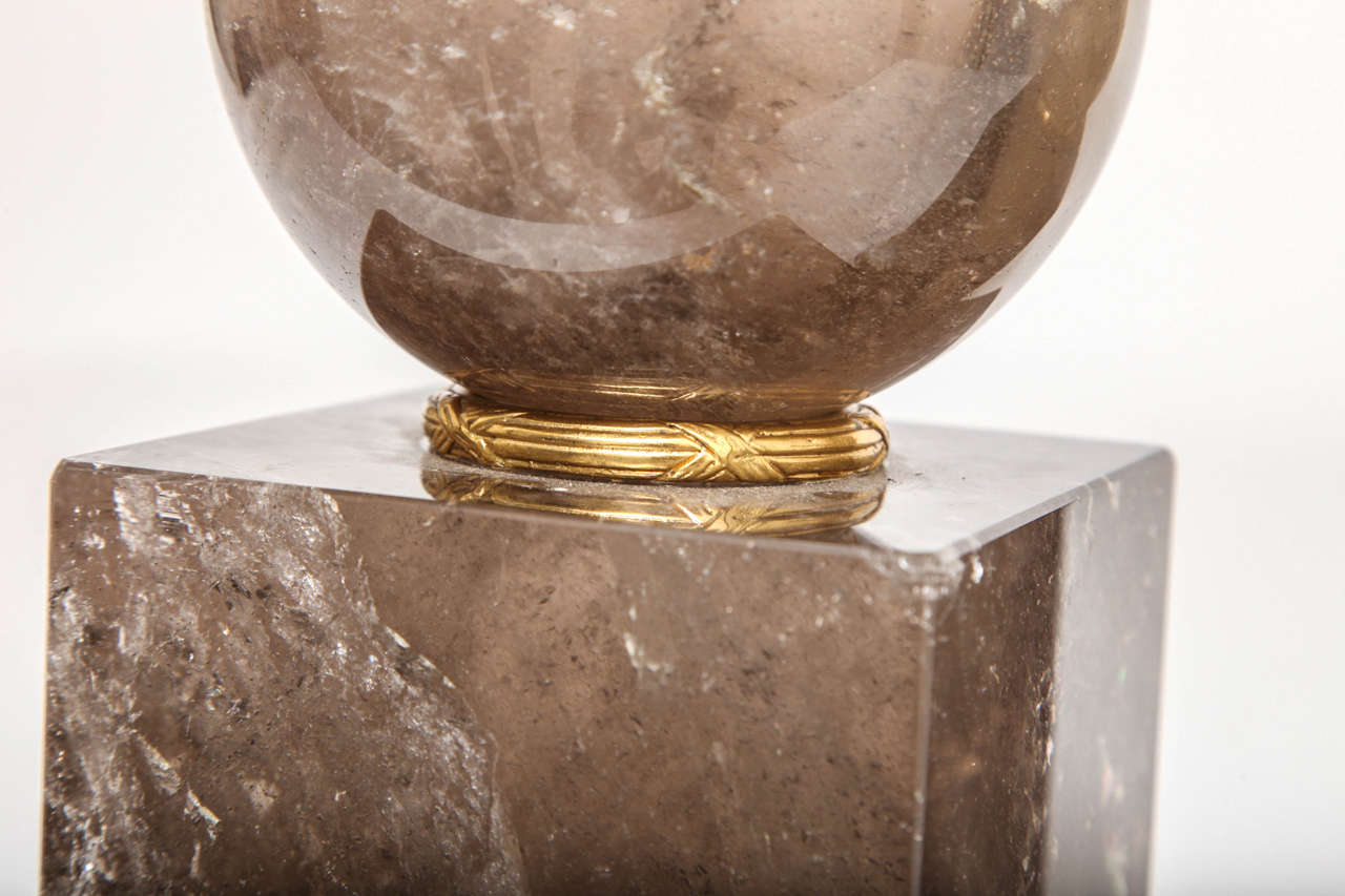 Pair of French Smokey Rock Crystal Orbs or Spheres on Plinths with Gilt ...