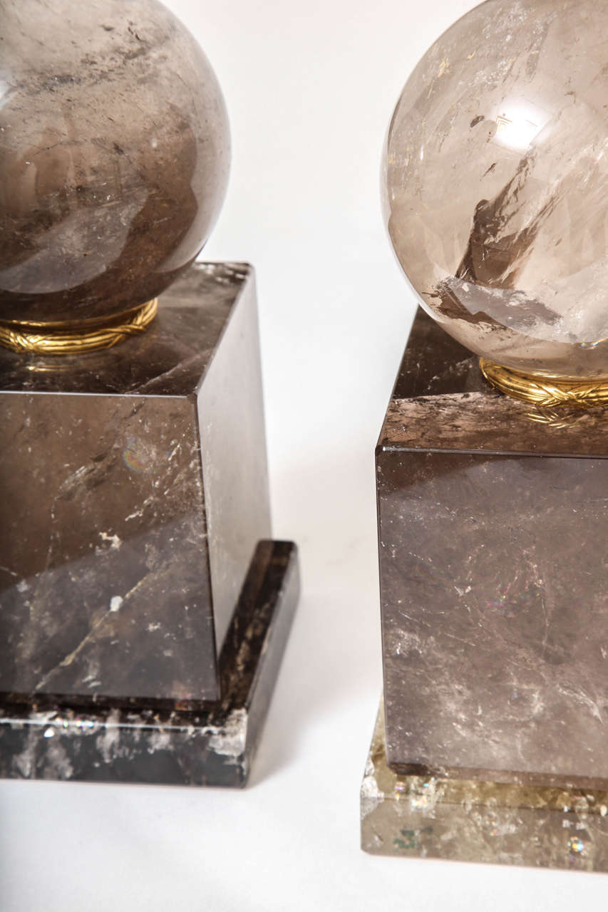 Pair of French Smokey Rock Crystal Orbs or Spheres on Plinths with Gilt ...