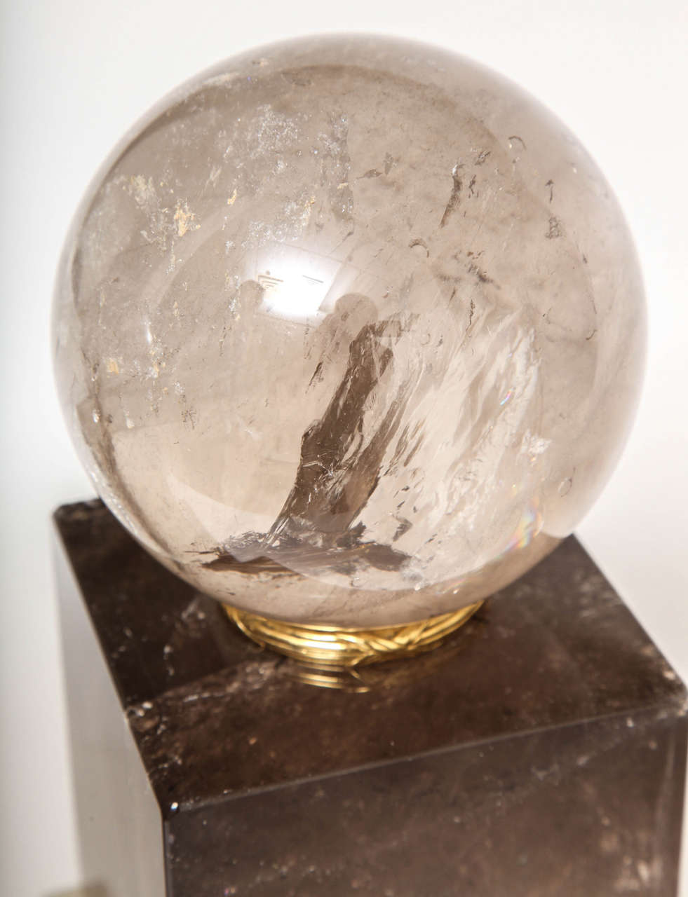 Pair of French Smokey Rock Crystal Orbs or Spheres on Plinths with Gilt ...
