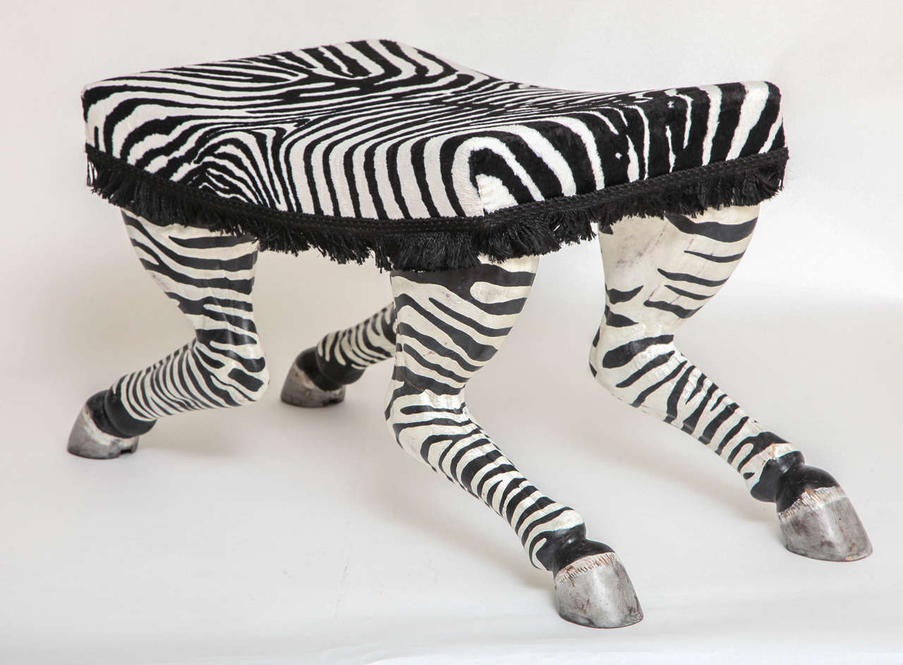 Pair of French Art Deco Carved and Painted Wood Zebra Stools, Possibly ...