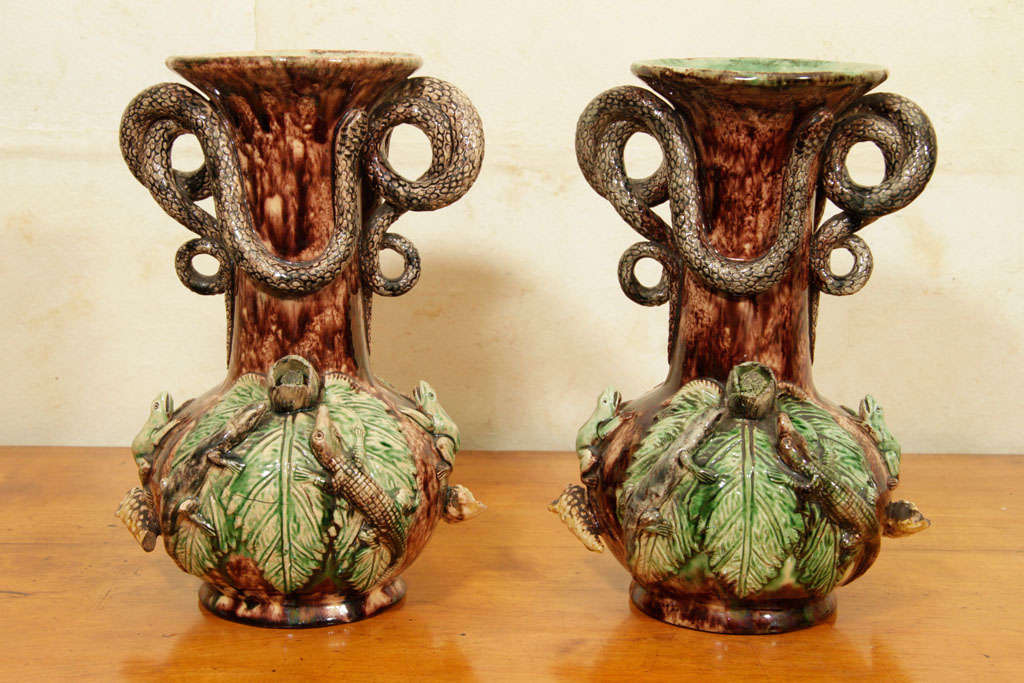 Pair of Portuguese Palissy Ware Majolica Vases by Manuel Mafra at 1stDibs