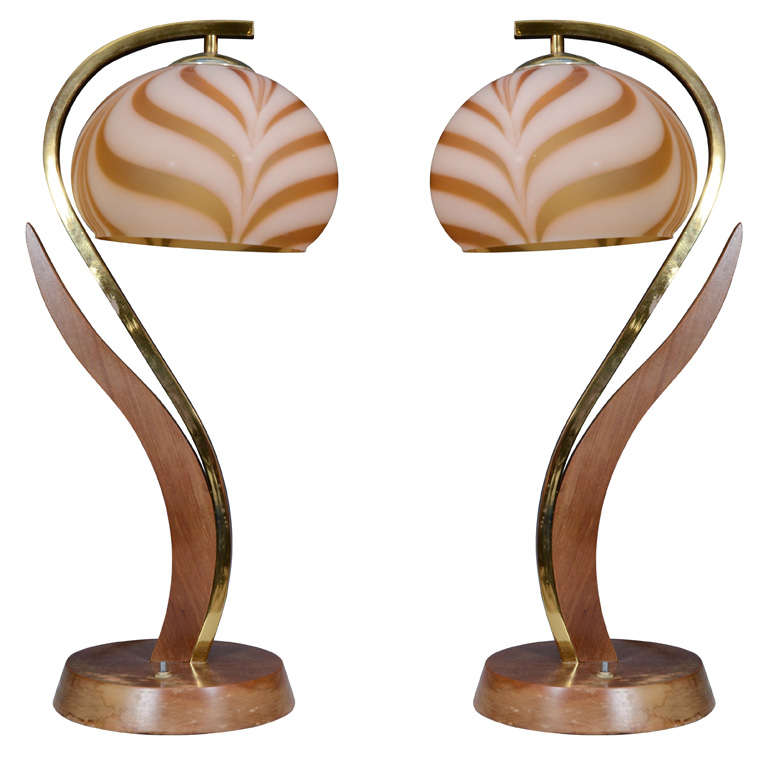 Pair of Mid Century Brass and Wood Floral Form Lamps at 1stDibs