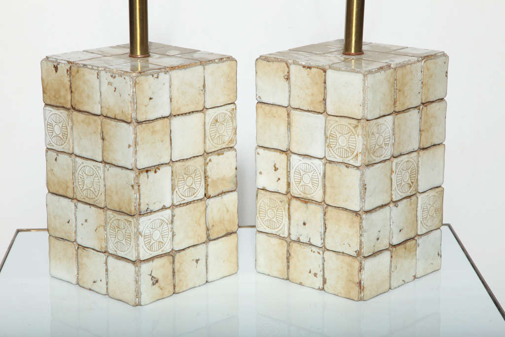 Pair of Pale Yellow and Cream Italian Terracotta Tile Block Table Lamps ...